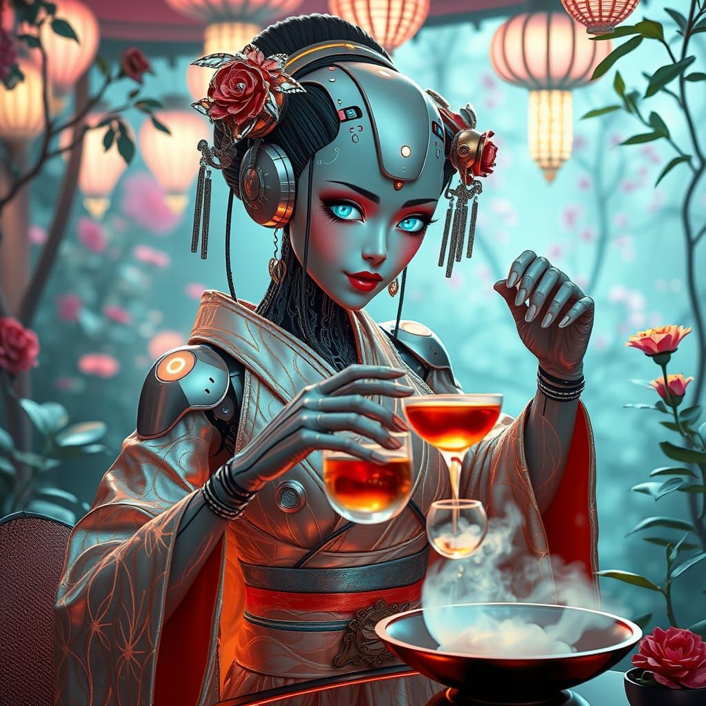 Sensual Futuristic Android Geisha in Lavish Tea Ga... - AI Art
