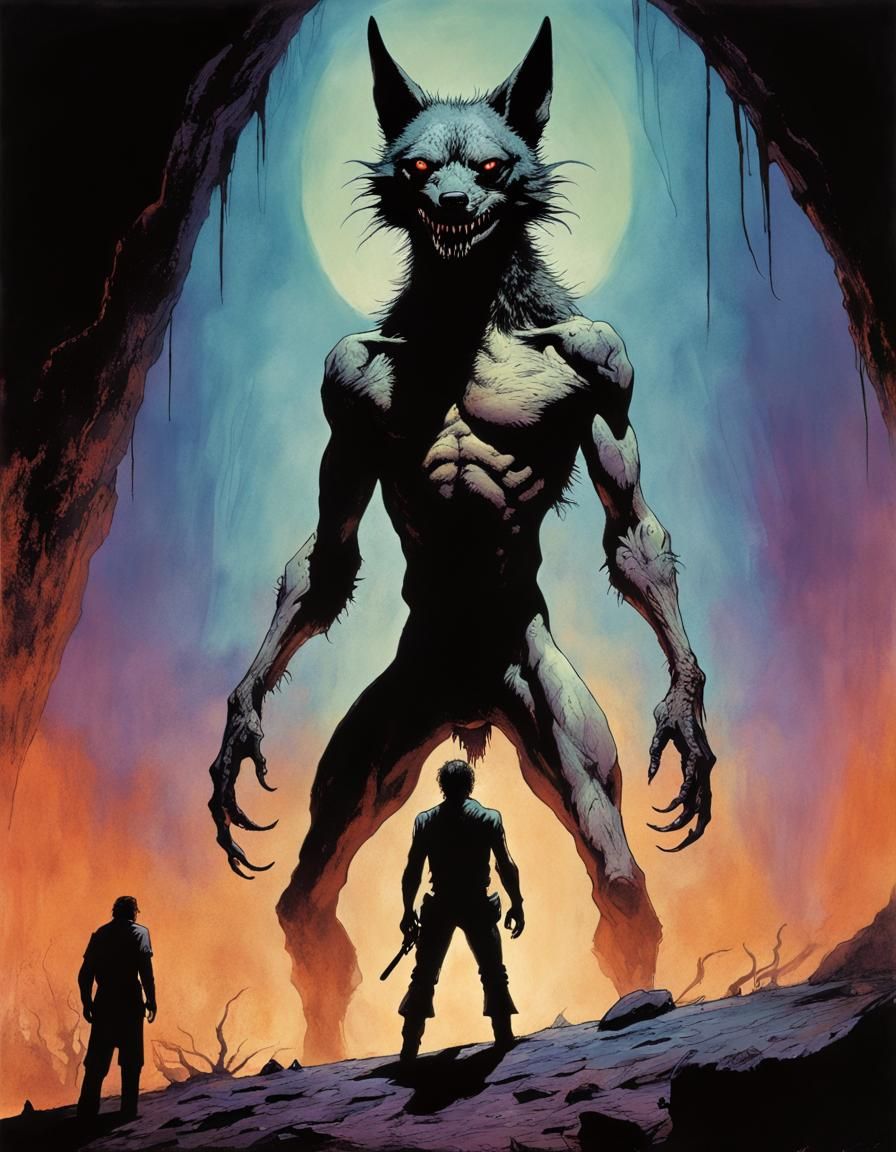 Under Ground view of a gargantuan jackal+man perversion, violent ...