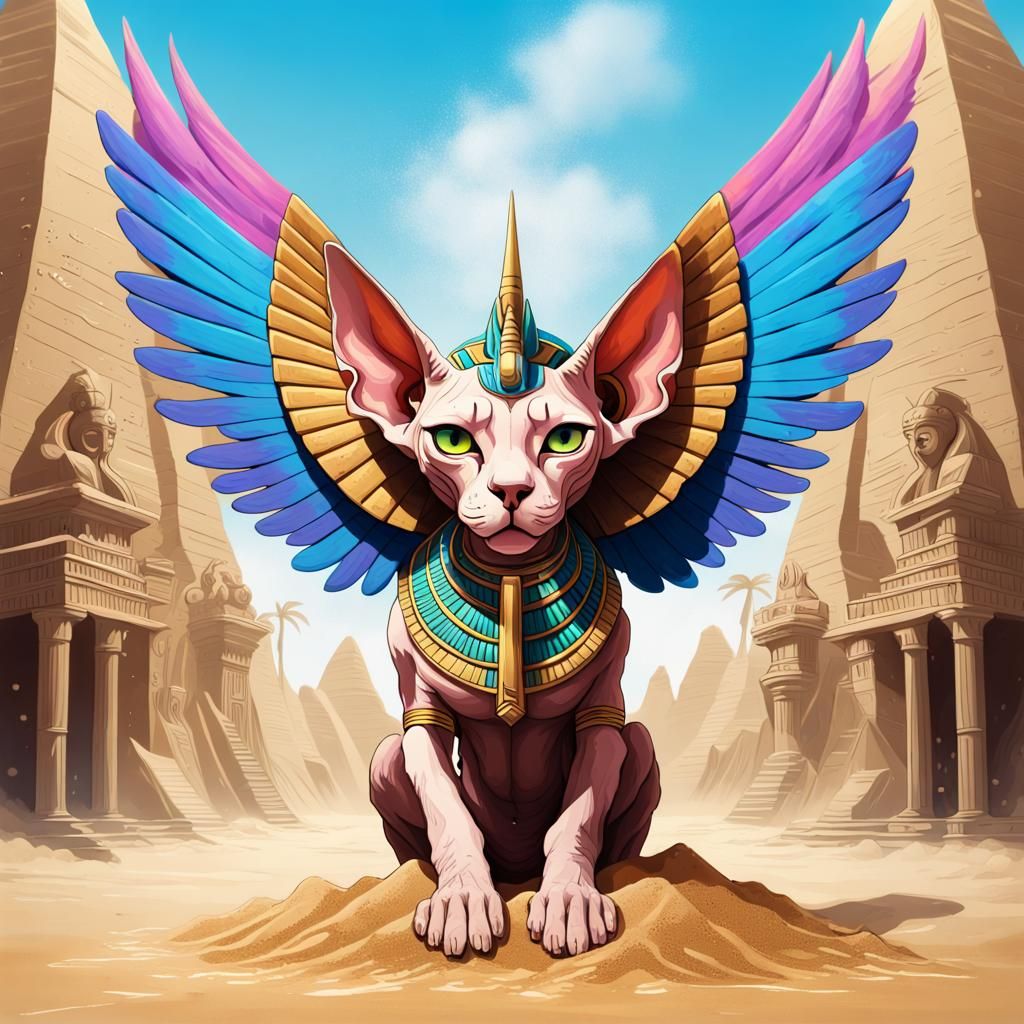 Fantasy art Sphynx with large wings and Egyptian head-dress in floating ...
