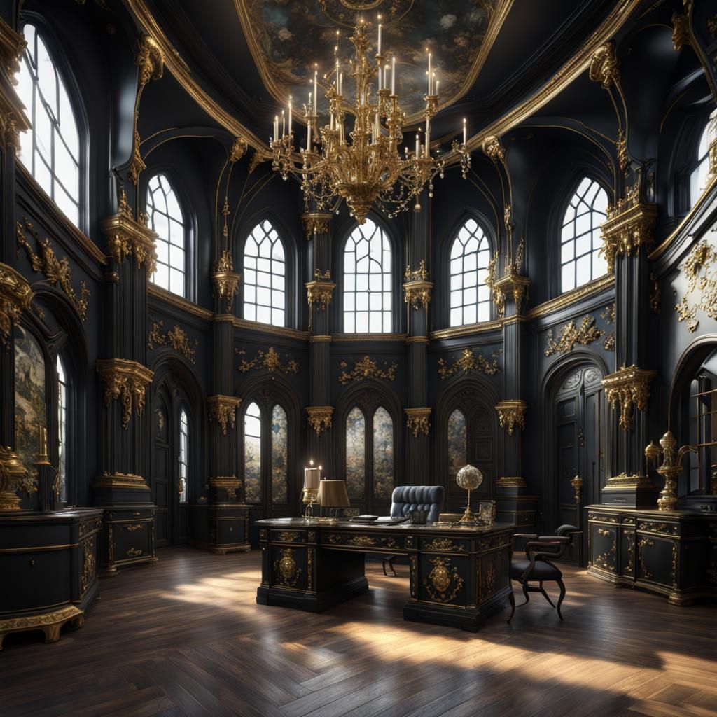 Huge black rococo gothic royal Office with gold accents and large ...