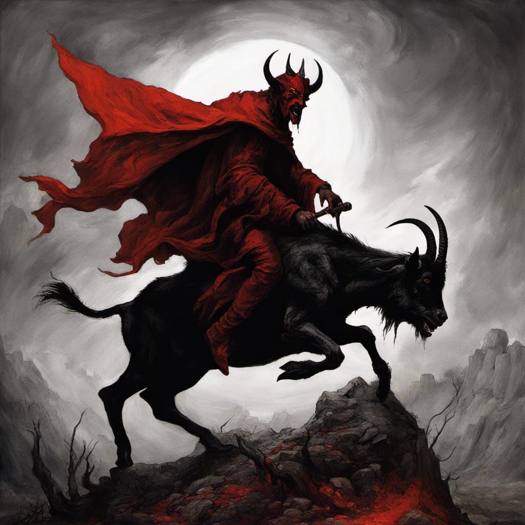 Devil riding a goat,horror medieval,red msytic mist,necronomicon,black ...