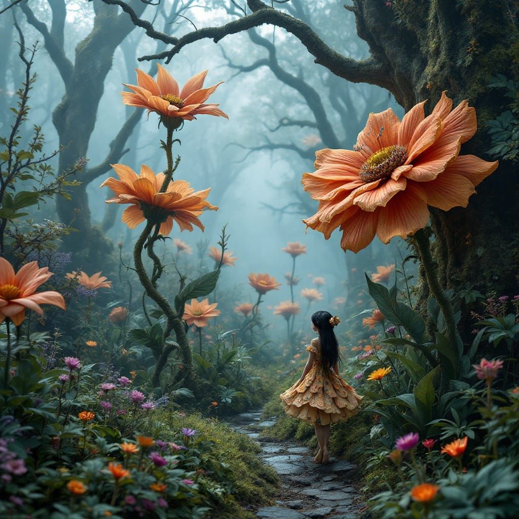 A photorealistic surrealistic ginham enchanted forest with difernt ...