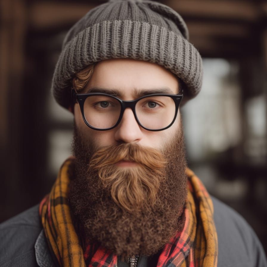 A photorealistic portrait of a hipster, characterised by a thick beard ...