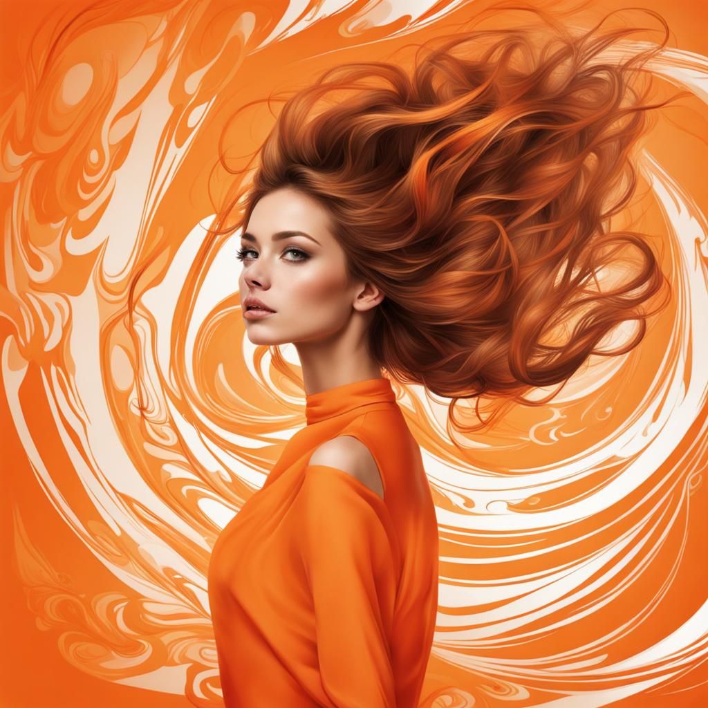 a beautiful girl wearing orange with orange swirling around her - AI ...