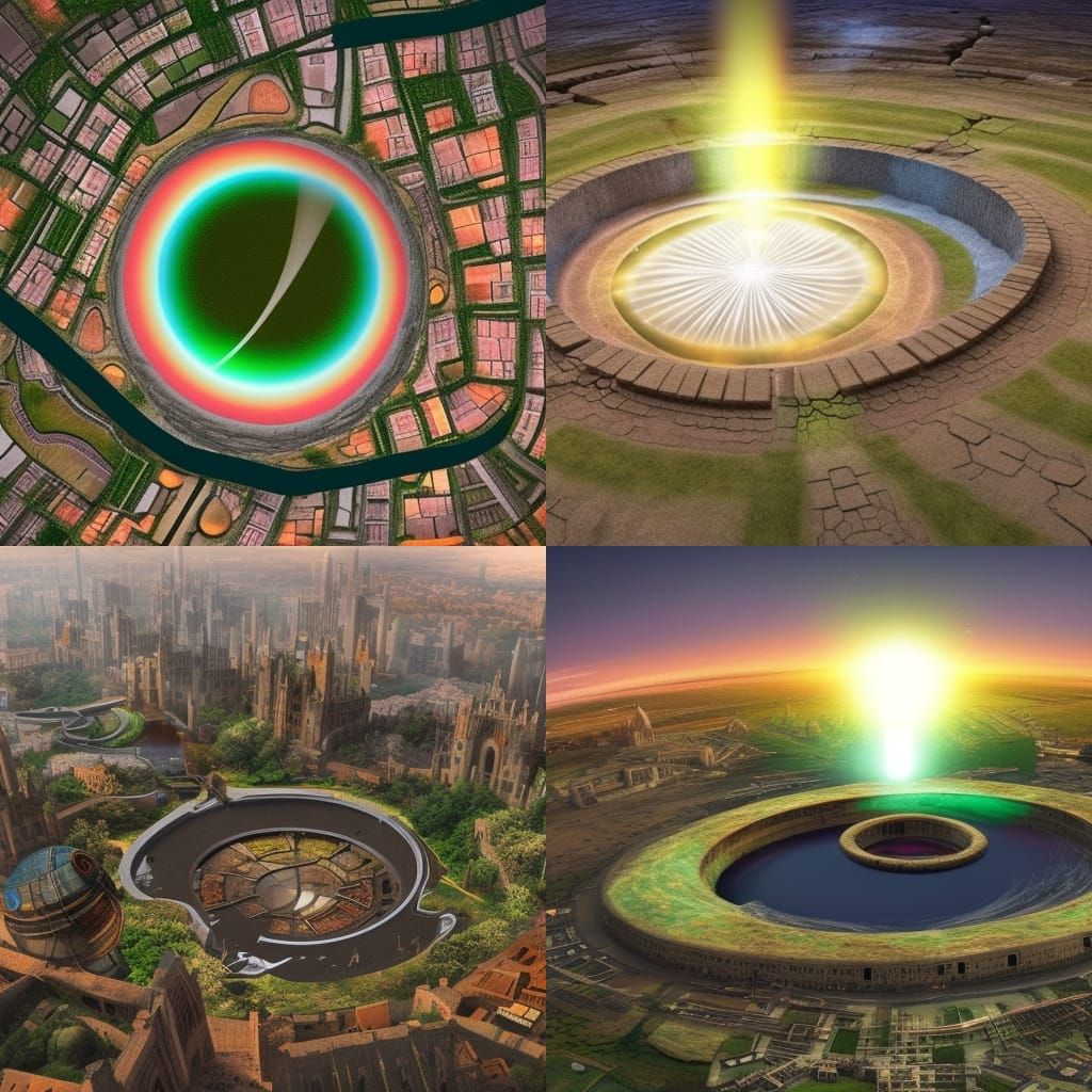 man-made circular hole in the ground spewing multi-color energy into ...