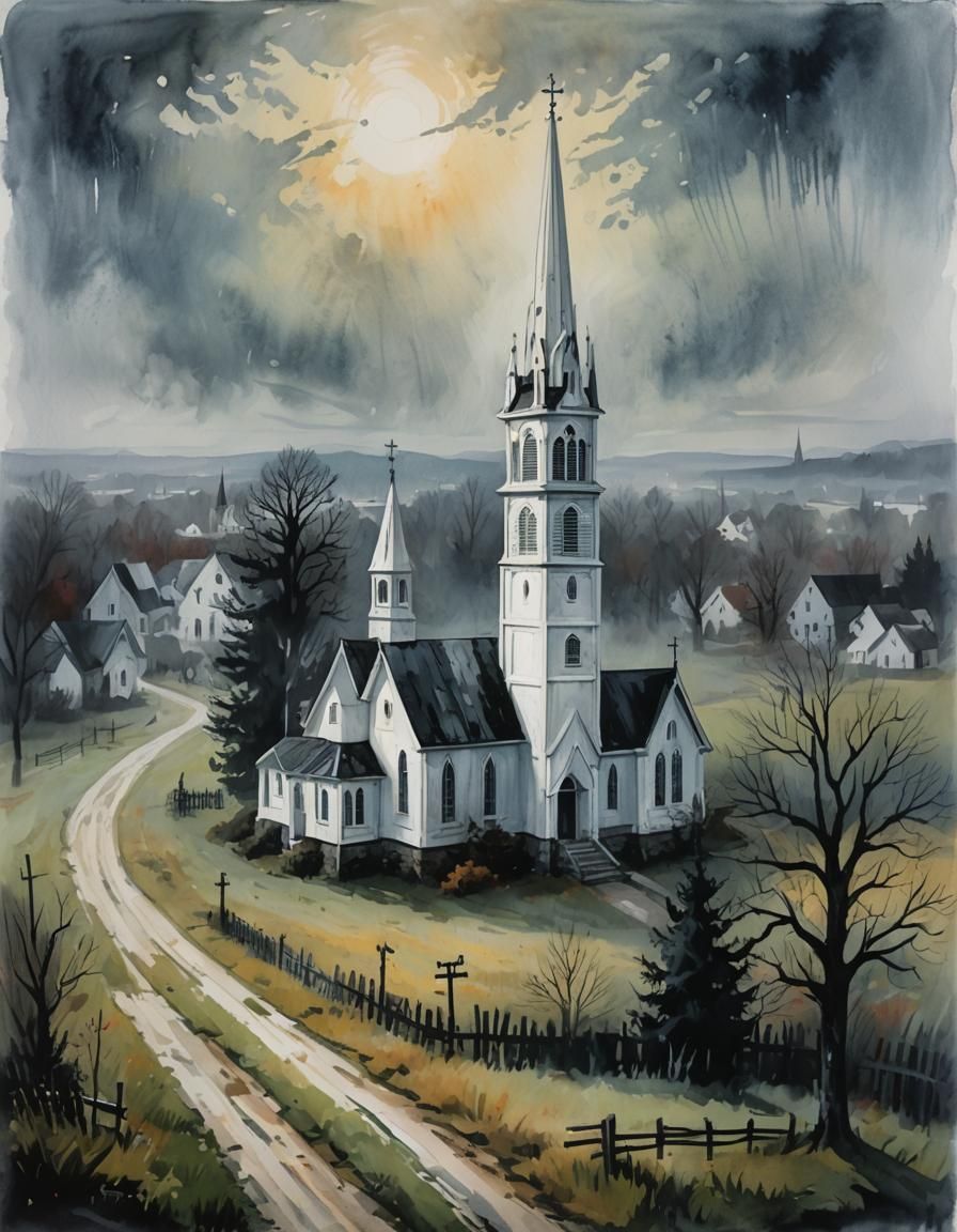 gothic dark midwest country white steeple church foggy spooky ...