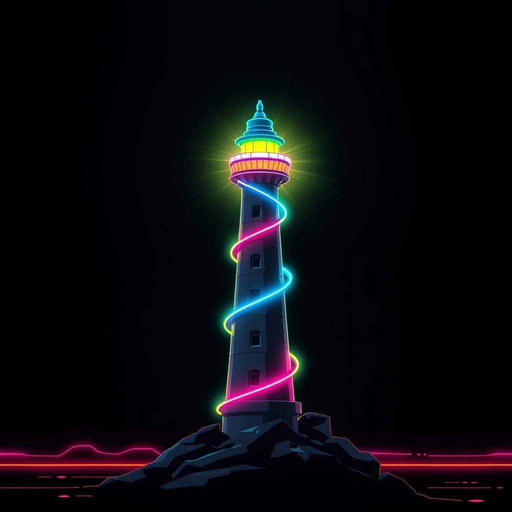 Neons in the Air - Neon Spiral Lighthouse in Cyberpunk Citys...