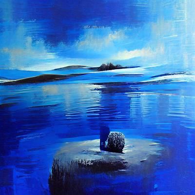 The calm reassuring presence of a deep blue landscape acrylic painting ...