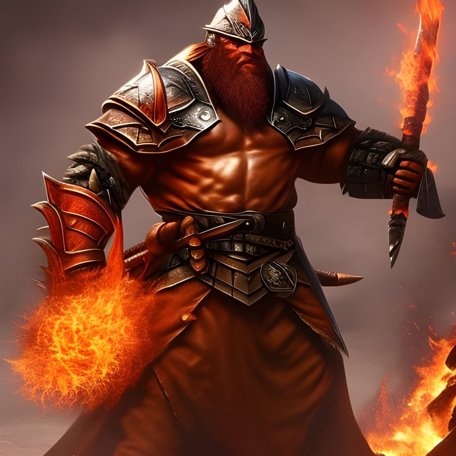 Dwarf, long red beard, leather armor, battle axe, hands covered in fire, intimidating glare - AI ...