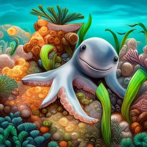 A baby octopus in a Rockpool with other cute baby sea life. Behind them ...