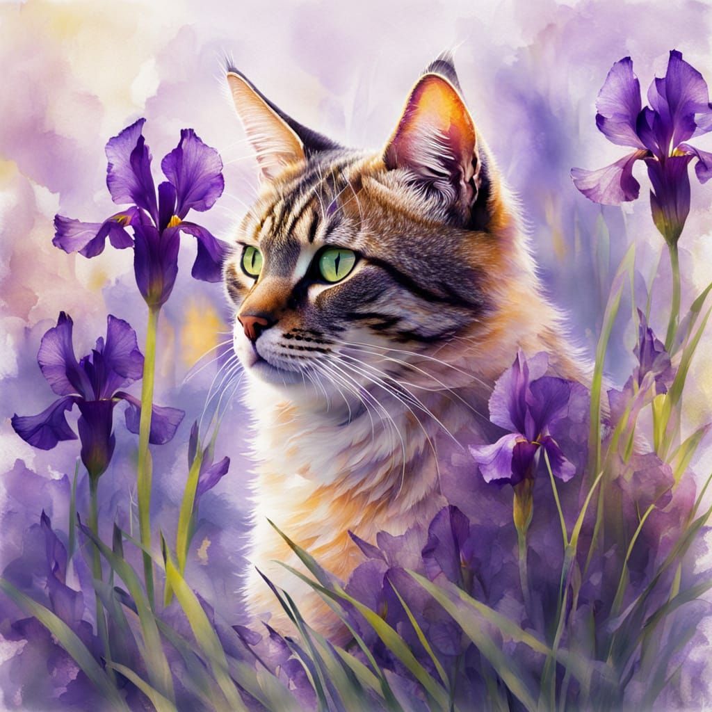 Gloomy cat in irises