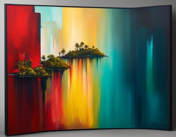 Tropical island, red, teal, yellow abstract art complementary colors ...