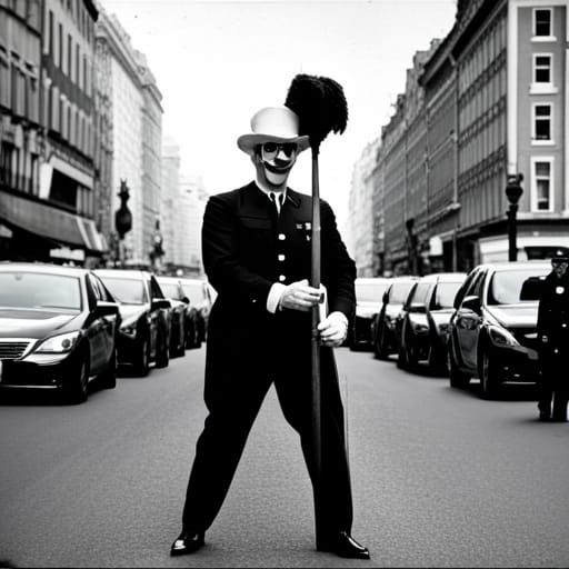 clown army officer with evil grin holding a large baton while marching ...