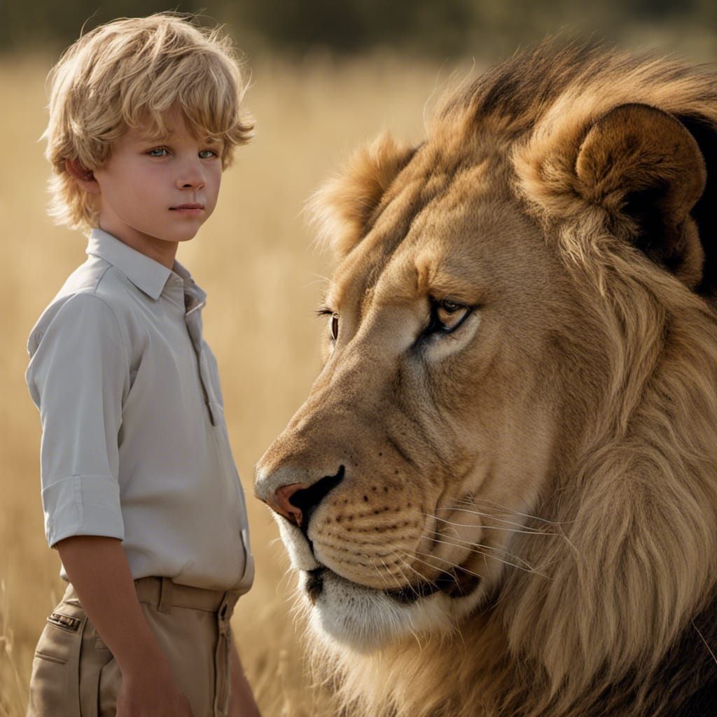 blonde boy standing next to a male lion in a field - AI Generated ...