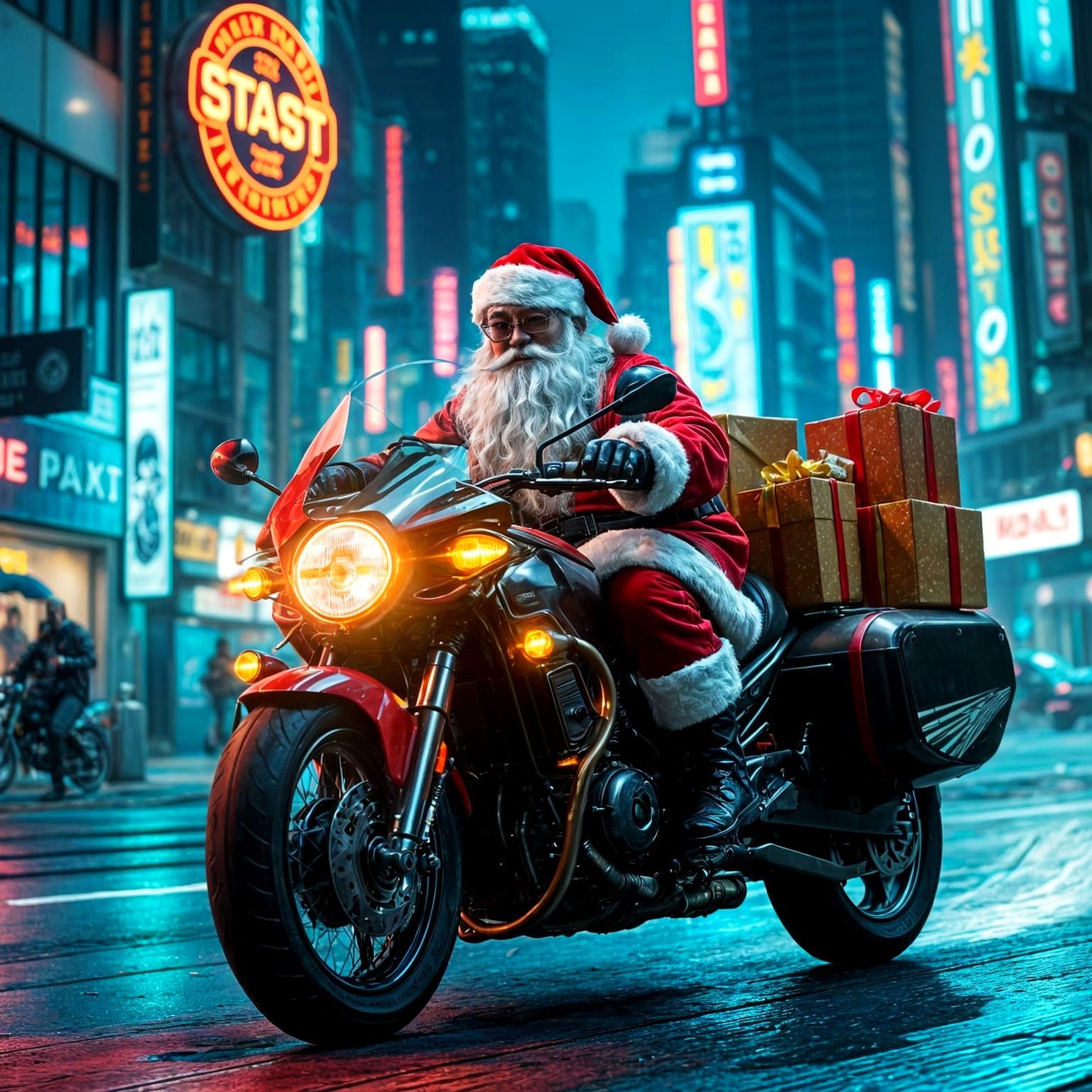 Santa riding a futuristic motorcycle, has a a sidecar full of gifts, in ...