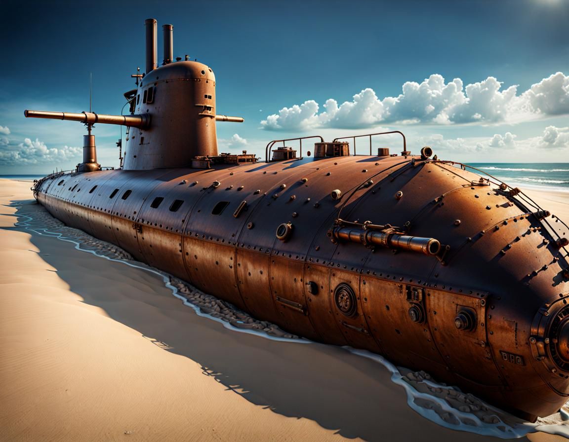 old rusty german submarine U-517 half covered by sand on the beach ...