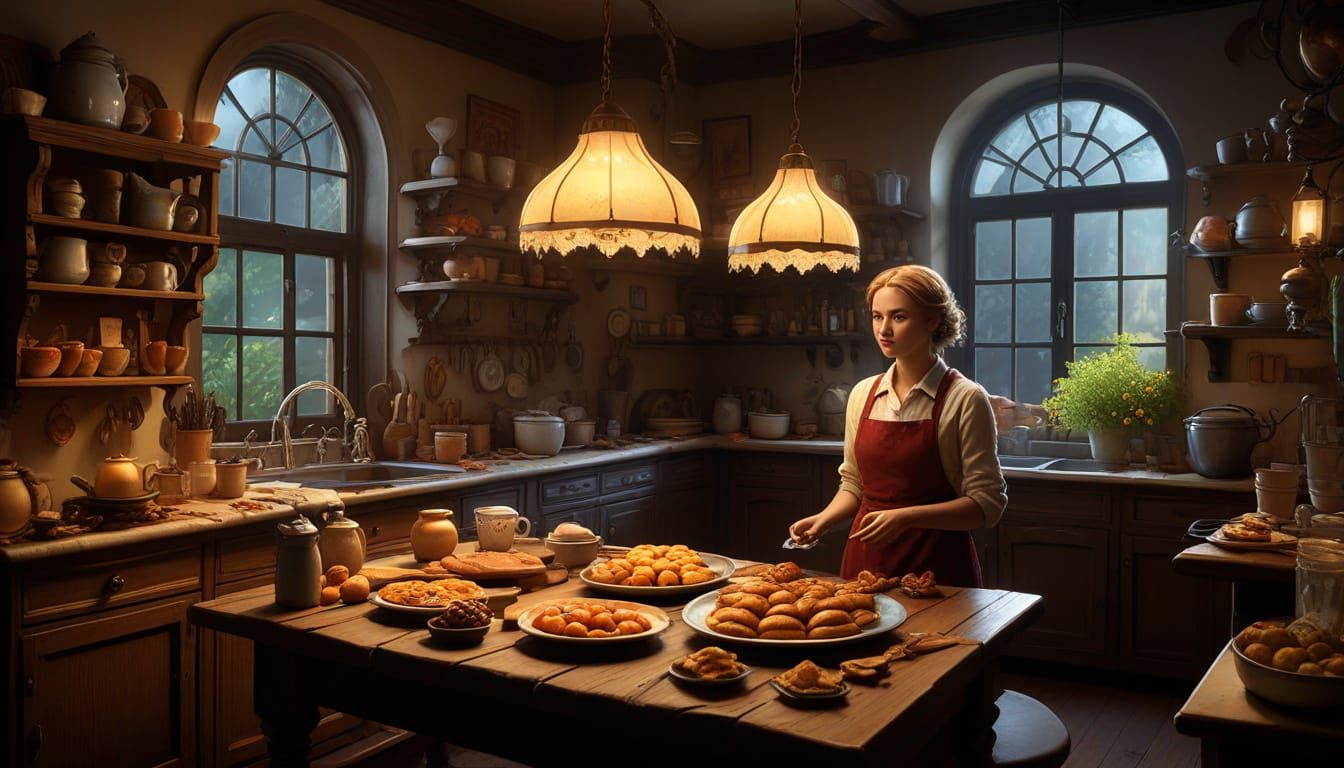 Whimsical Fairytale Kitchen with Annie in Warm, Vi... - AI Art