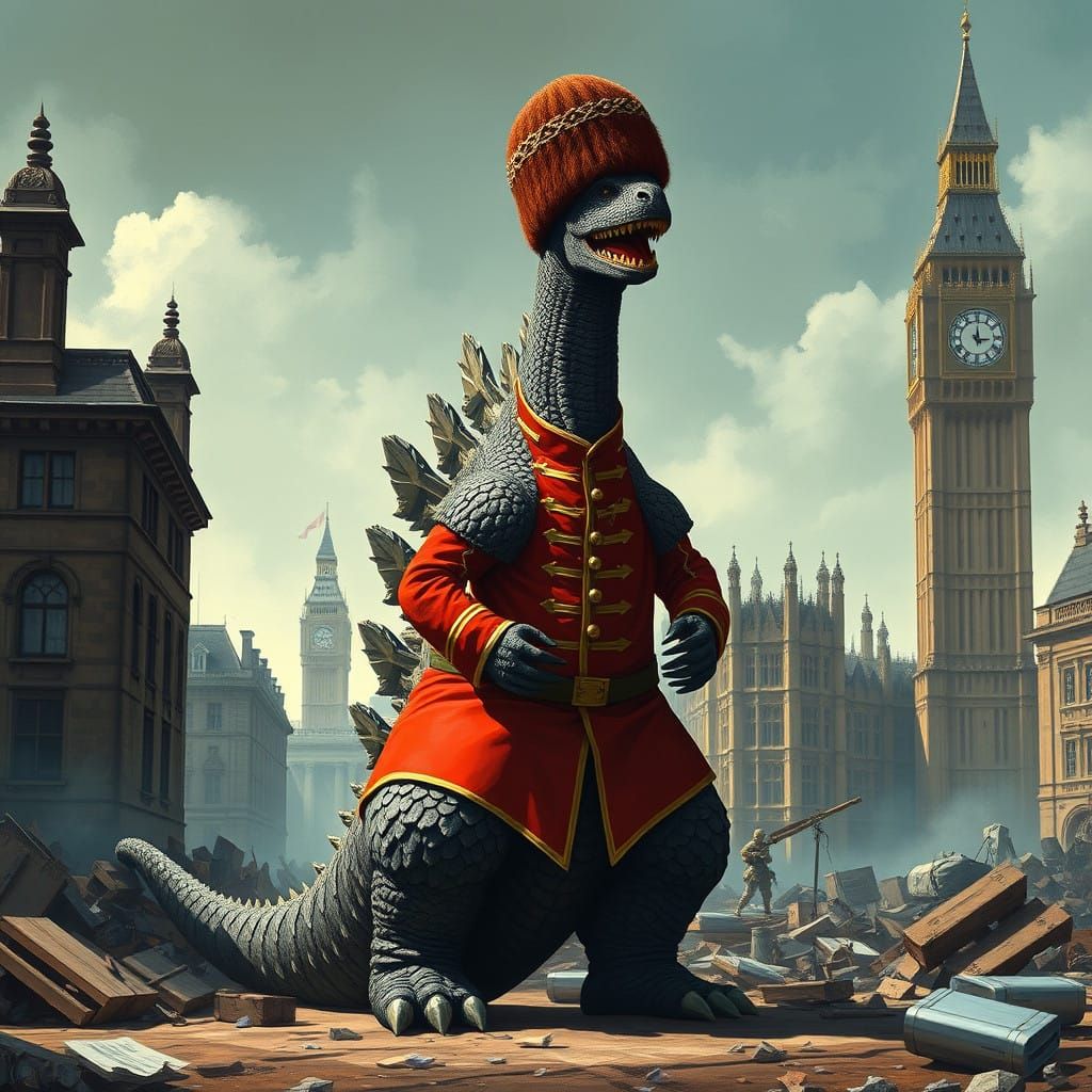 Godzilla in Scarlet Regimental Uniform as a Grenad... - AI Art