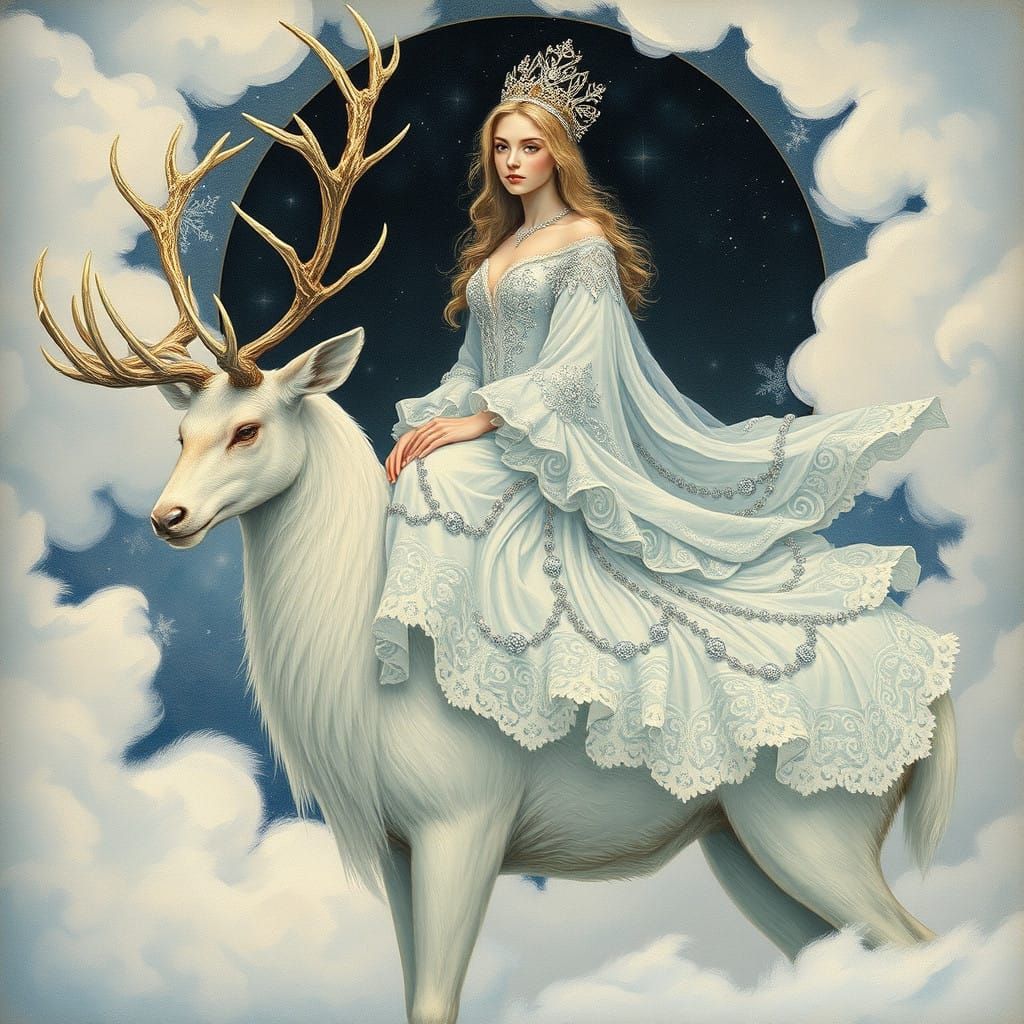 Mythical Snow Queen Rides Majestic Deer in Art Nou... - AI Art
