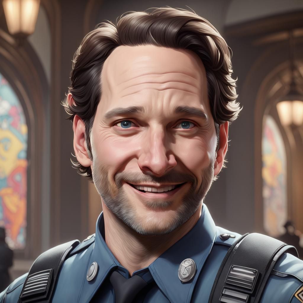 Paul Rudd as a Dynamic Security Guard in Vibrant 8... - AI Art