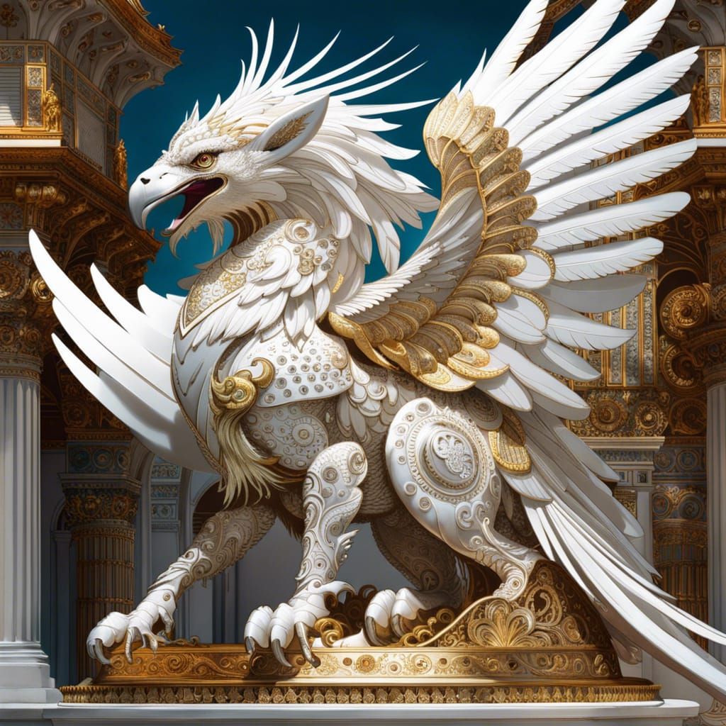 """Extremely detailed complex "shiny white Filigree griffin with armour ...