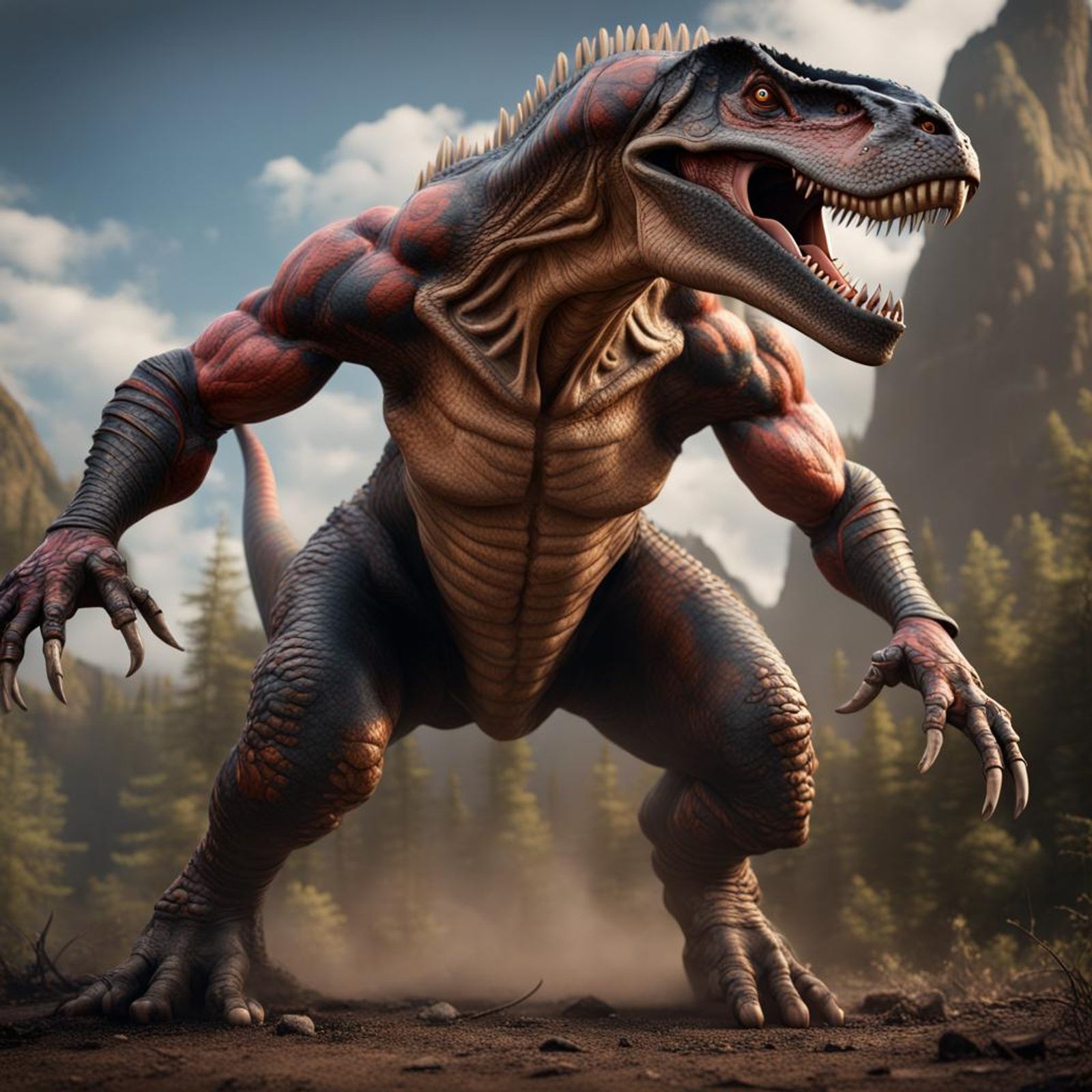 hyperrealistic stunning man as a Allosaurus muscular warrior, full body ...