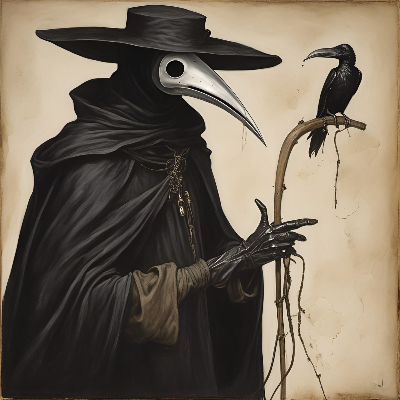[(A haunting figure emerges) from the shadows, clad in (a long black cloak). The Plague Doctor ...