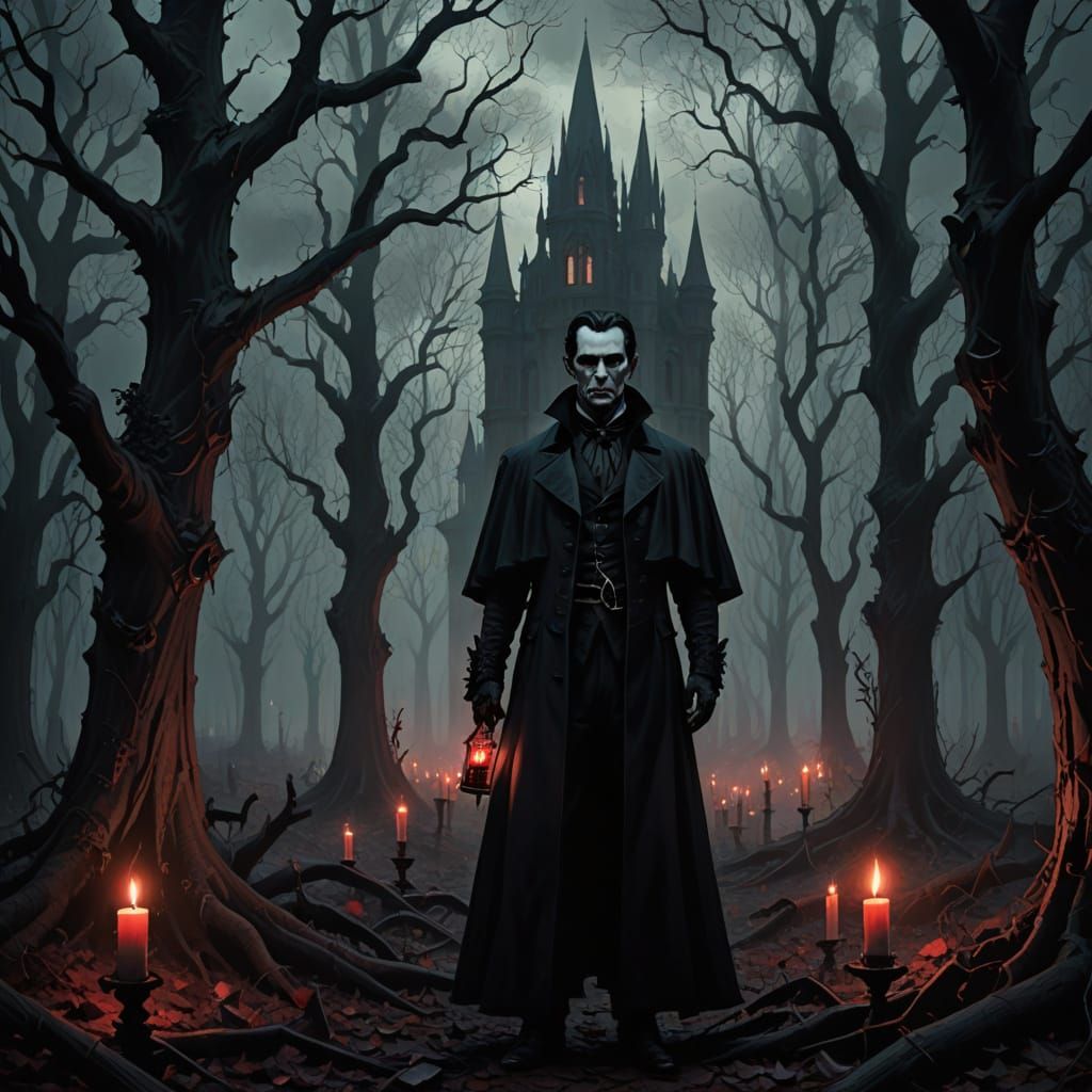 Ravenloft vampire - Gothic Vampire in Dark, Misty Forest