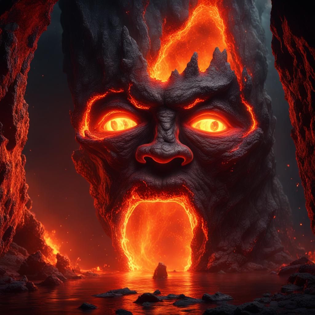 cave opening that looks like a large face with fiery mouth with lava ...