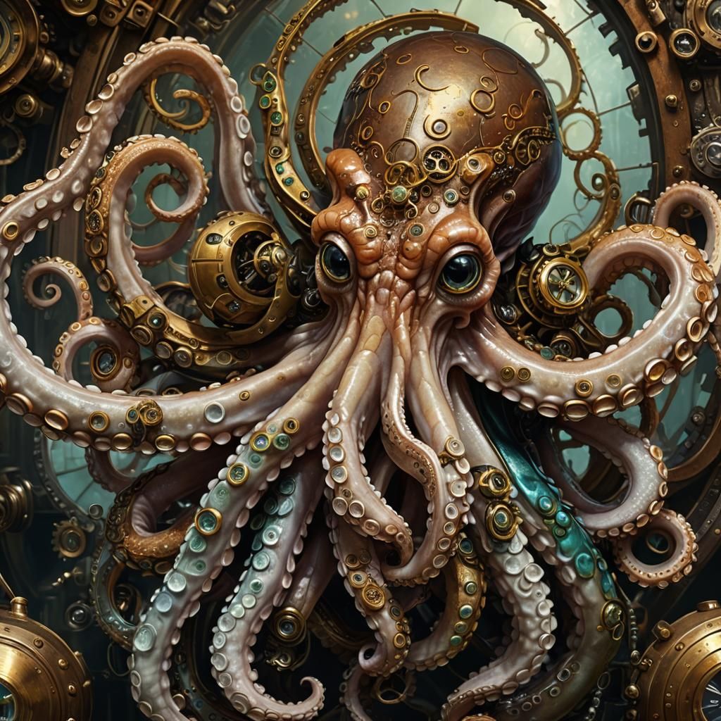 Portrait of an adorable mythical beautiful octopus preening, steampunk ...