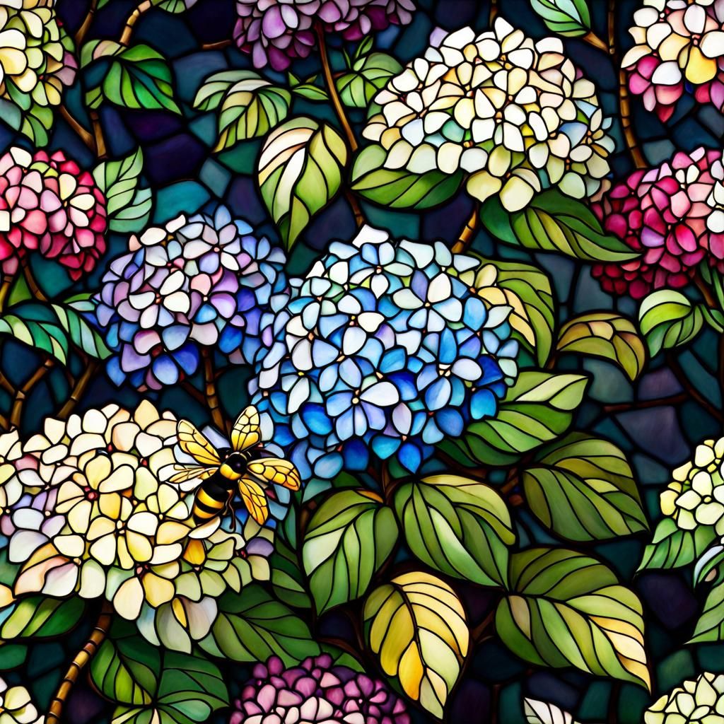 hydrangeas, stained glass dynamic lighting hyperdetailed intricately ...