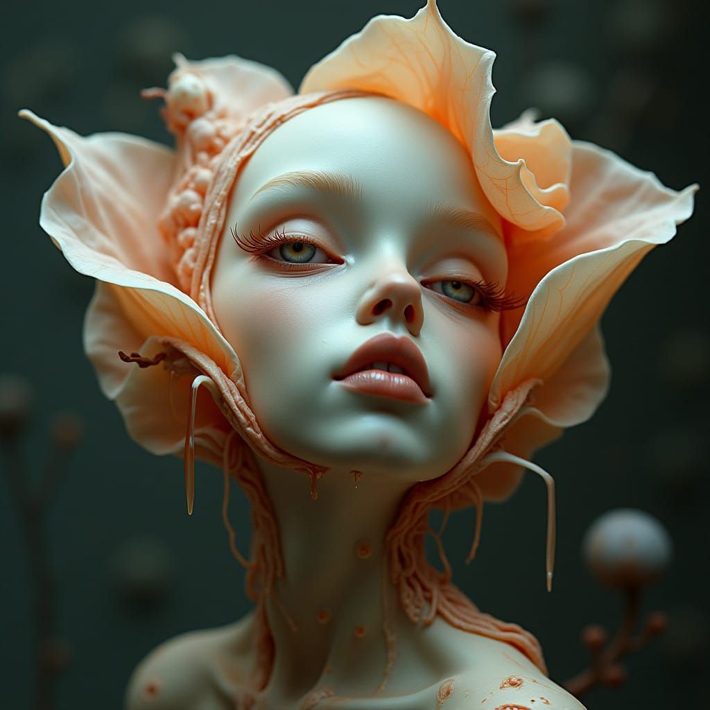a gorgeous face, inside a grotesque flower petal creature, dripping,