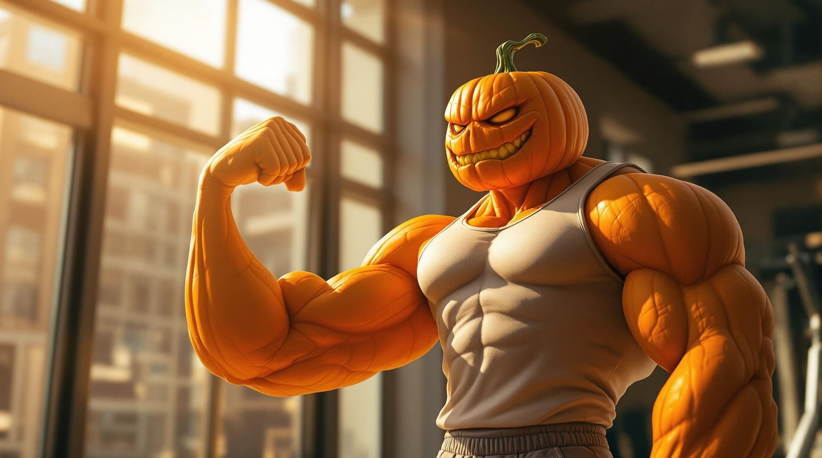 Pumpedkin - Muscular Pumpkin Flexes in the Gym