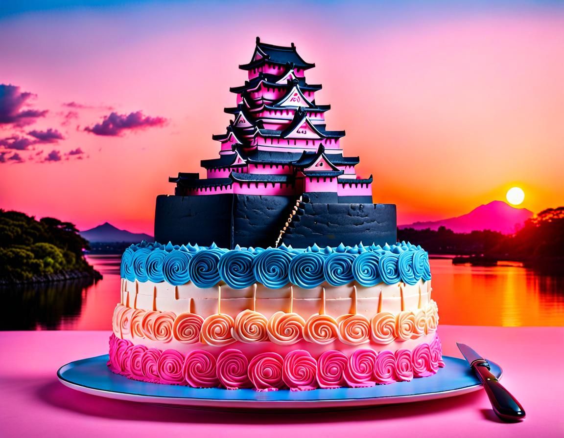 Himeji castle made of cake at sunset with knife slice and layers inside ...