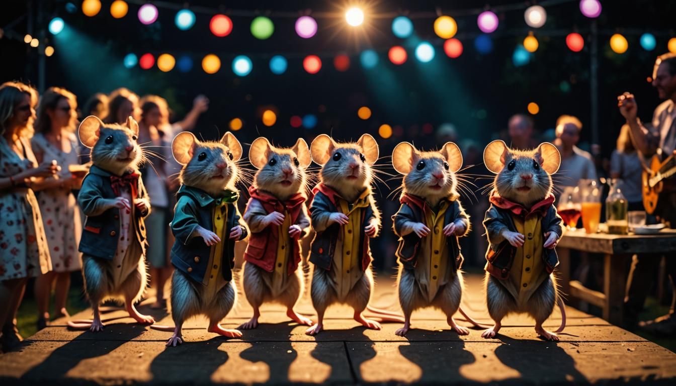 Field mice in festival clothing, festival with a live music on stage ...