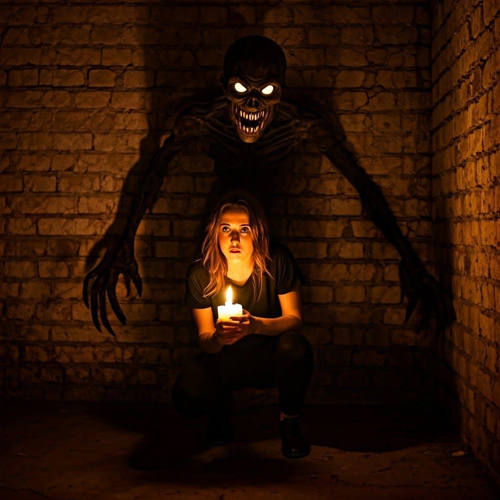 in the shadows - Woman Frozen in Fear by Dark Basement Shado...