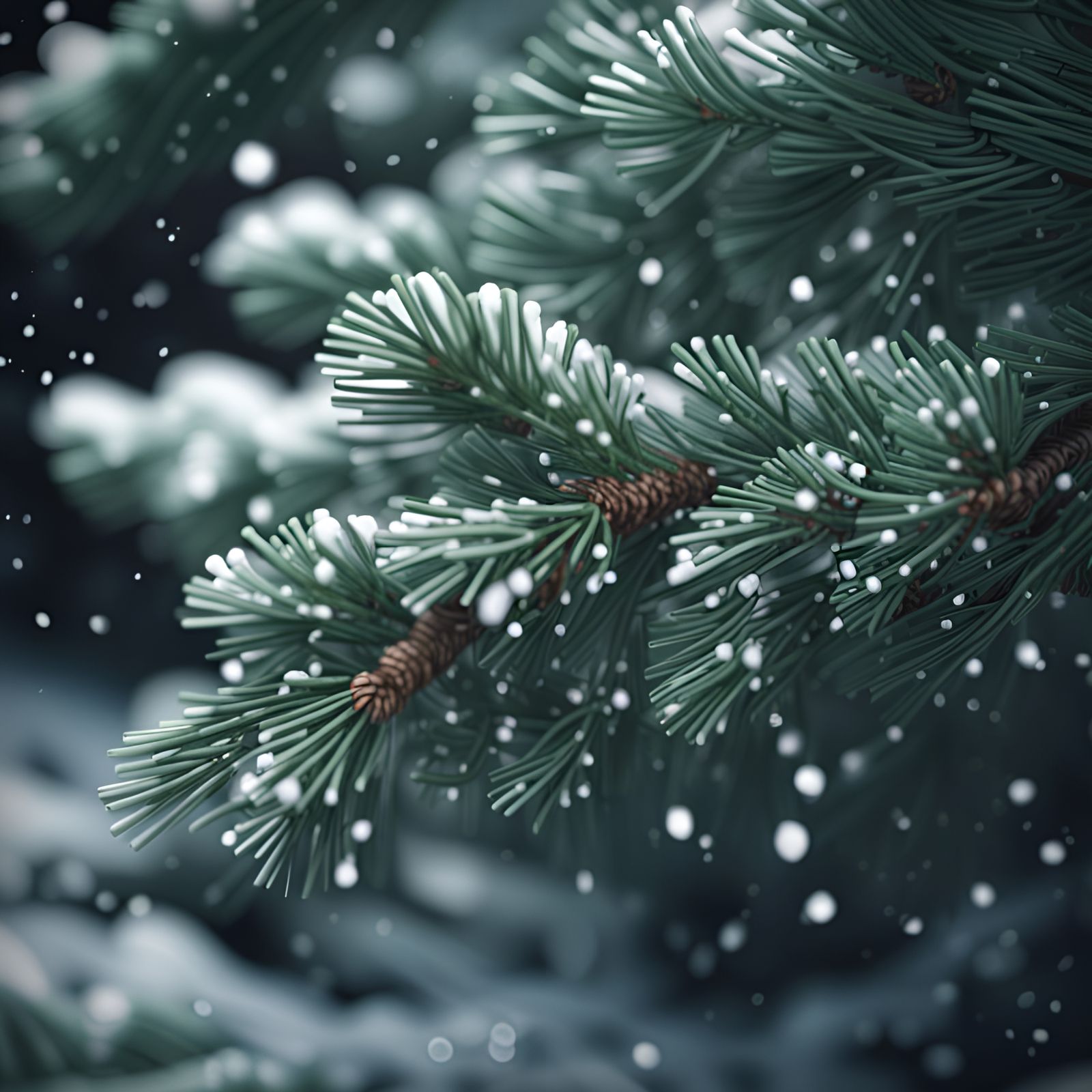 Beautiful pine tree, snowing on leaves, hyperrealistic, intricately ...
