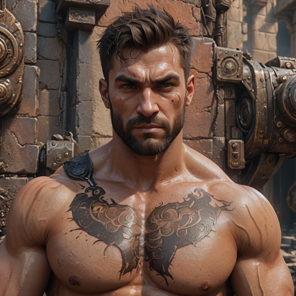 a buff shirtless guy with big fat chest and the camera closeup on his ...