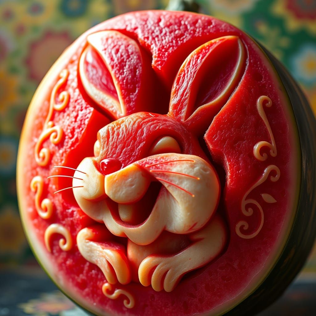 handmade in the Cubist style - the bas-relief of a laughing cute rabbit ...