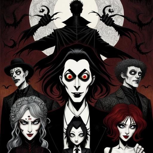 Vicious vampires in love with monsters, by Marc Chagall by Junji Ito, by Skottie young, dark ...