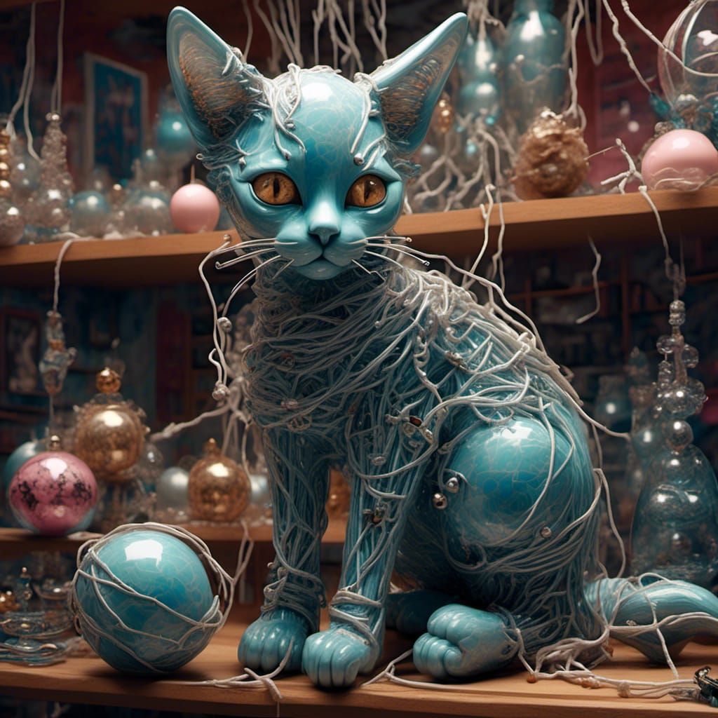 A Cybernetic Porcelain Kitten with a ball of ((glass barbwire yarn)) on ...