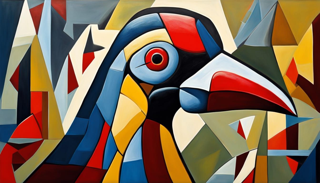Cubist Bird in Acrylic: Vibrant Red Beak - AI Art