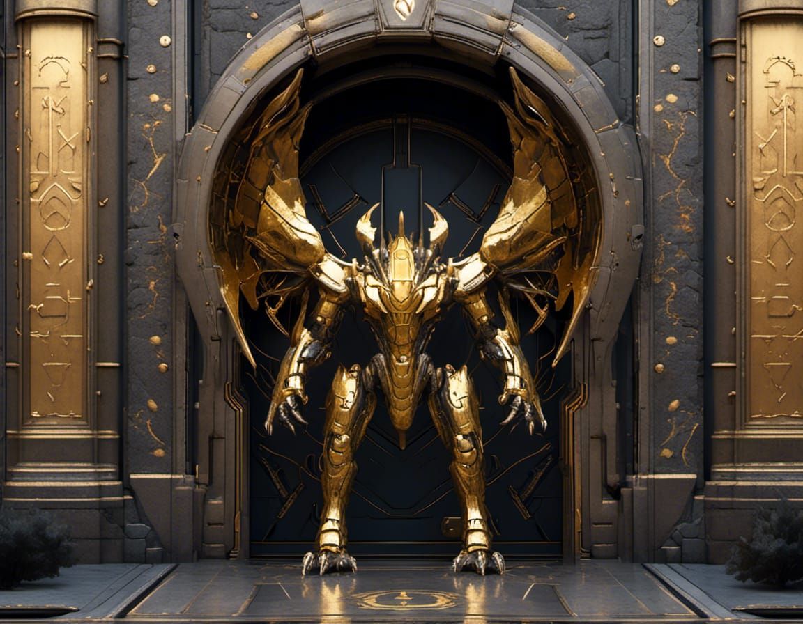 Cyborg dragon, futuristic, reflective gold outer shell with a rune logo ...