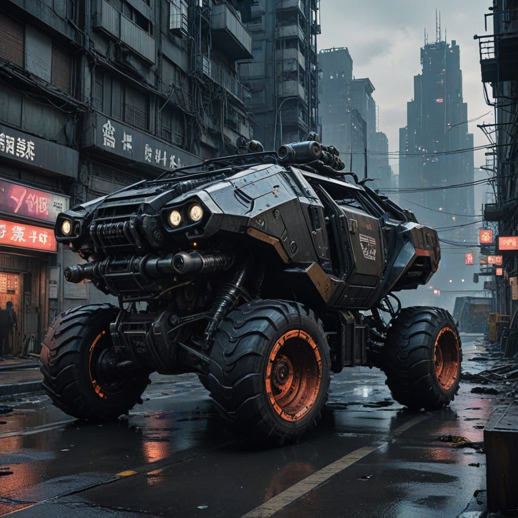 Cyberpunk Mecha Vehicle in Ruined Cityscape - AI Art