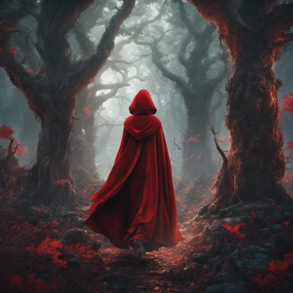 Red riding hood walking through an enchanted, living, breathing forest ...