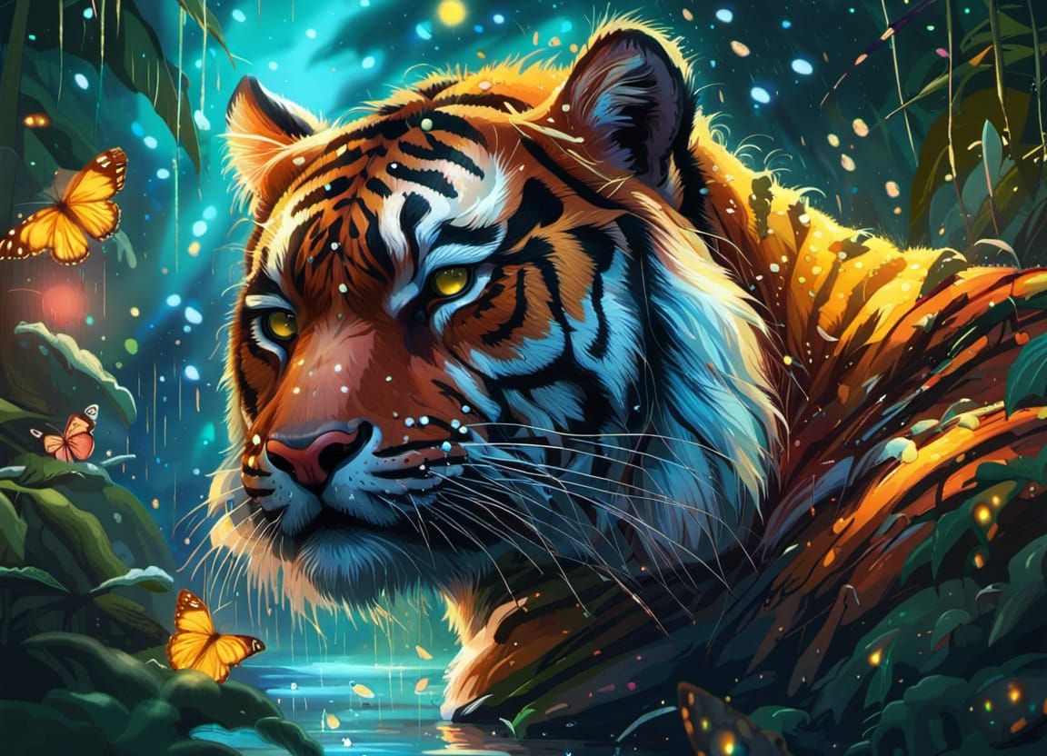 beautiful wild tiger, stunning, perfect muzzle, mesmerizing eyes: rain ...