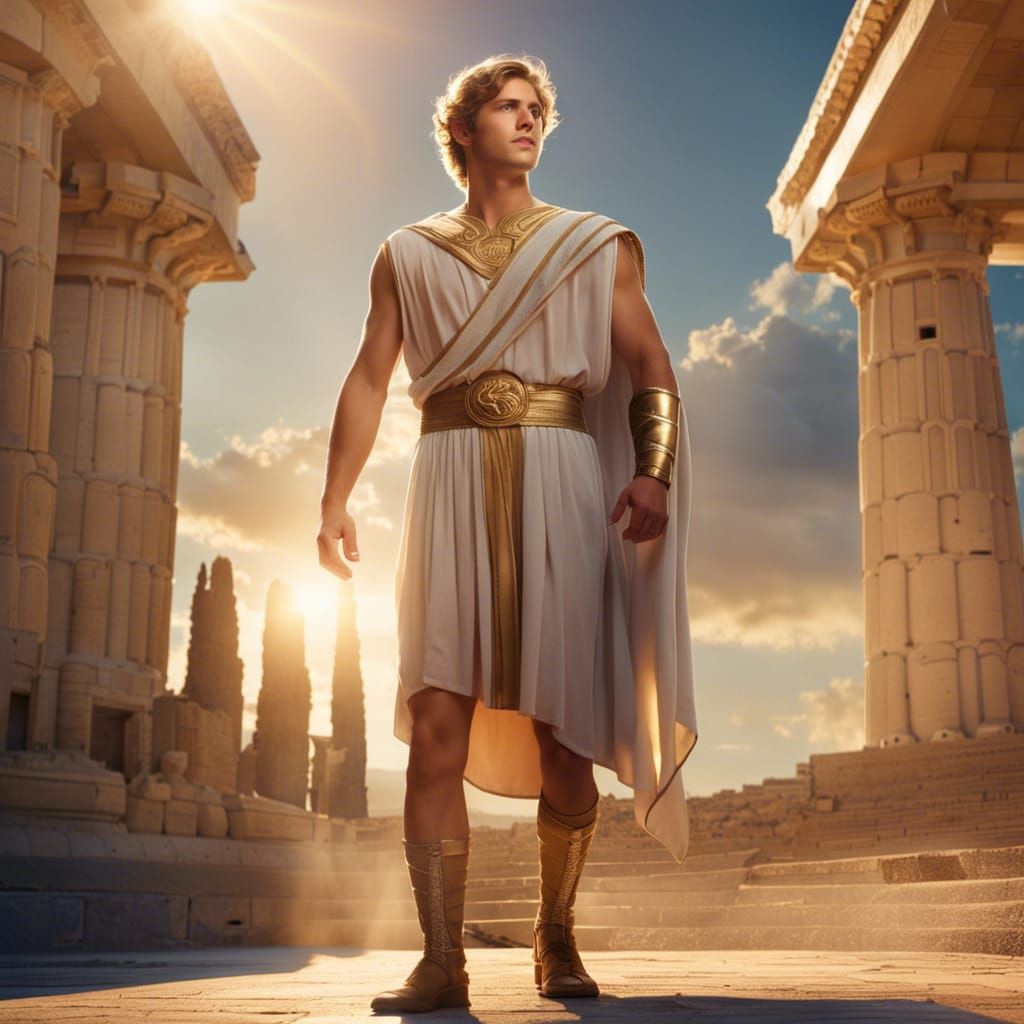 Greek God Teenager at Sunset: Fantasy Concept Art - AI Art