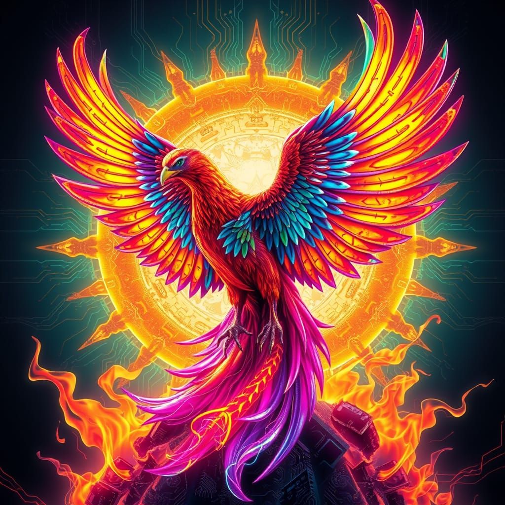 Cyberpunk Phoenix Rises from Neon Flames with Meta... - AI Art