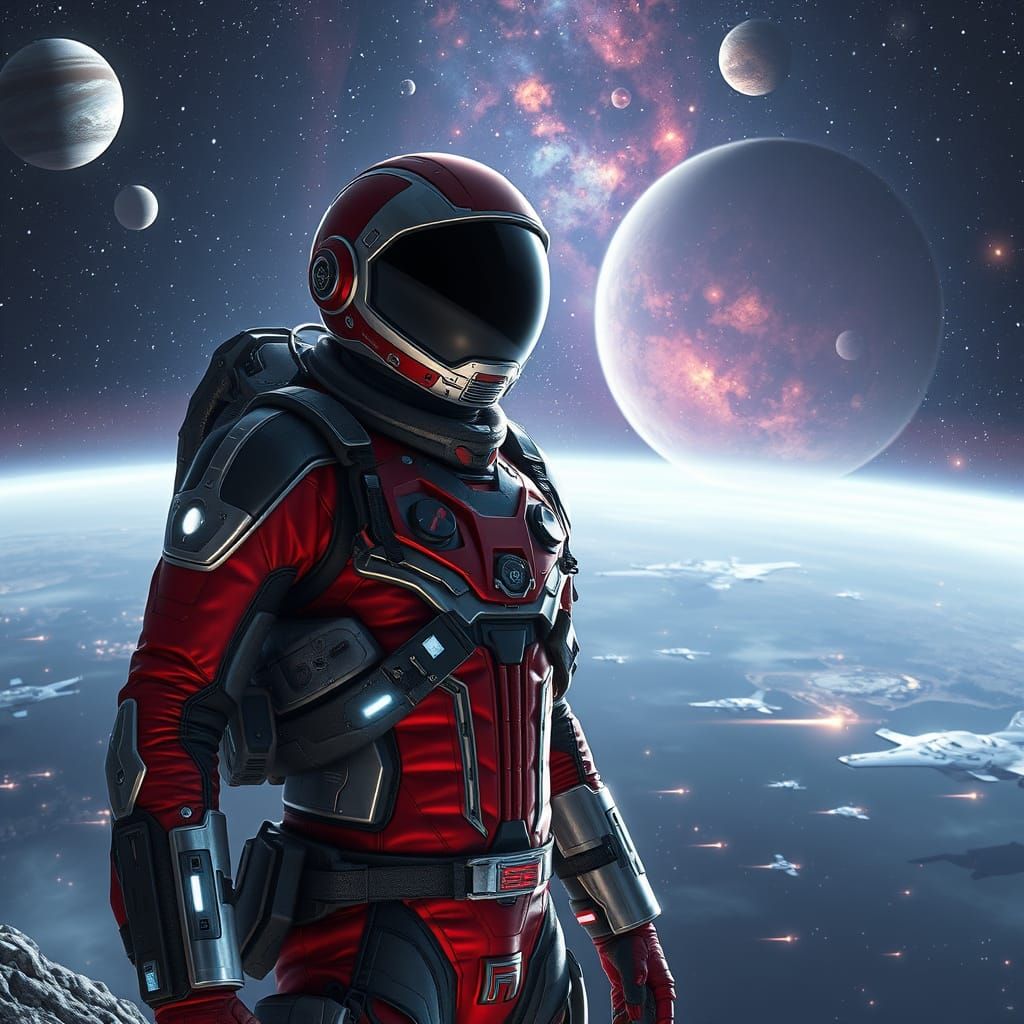 Heroic Space Pilot in Futuristic Exosuit with Star... - AI Art