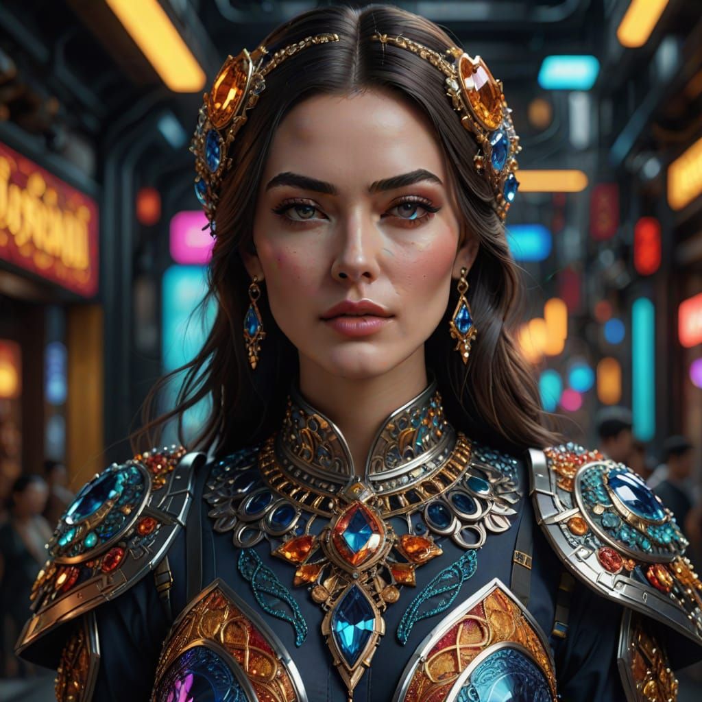 Glamorous Futuristic Goddess in Vibrant Attire - AI Art